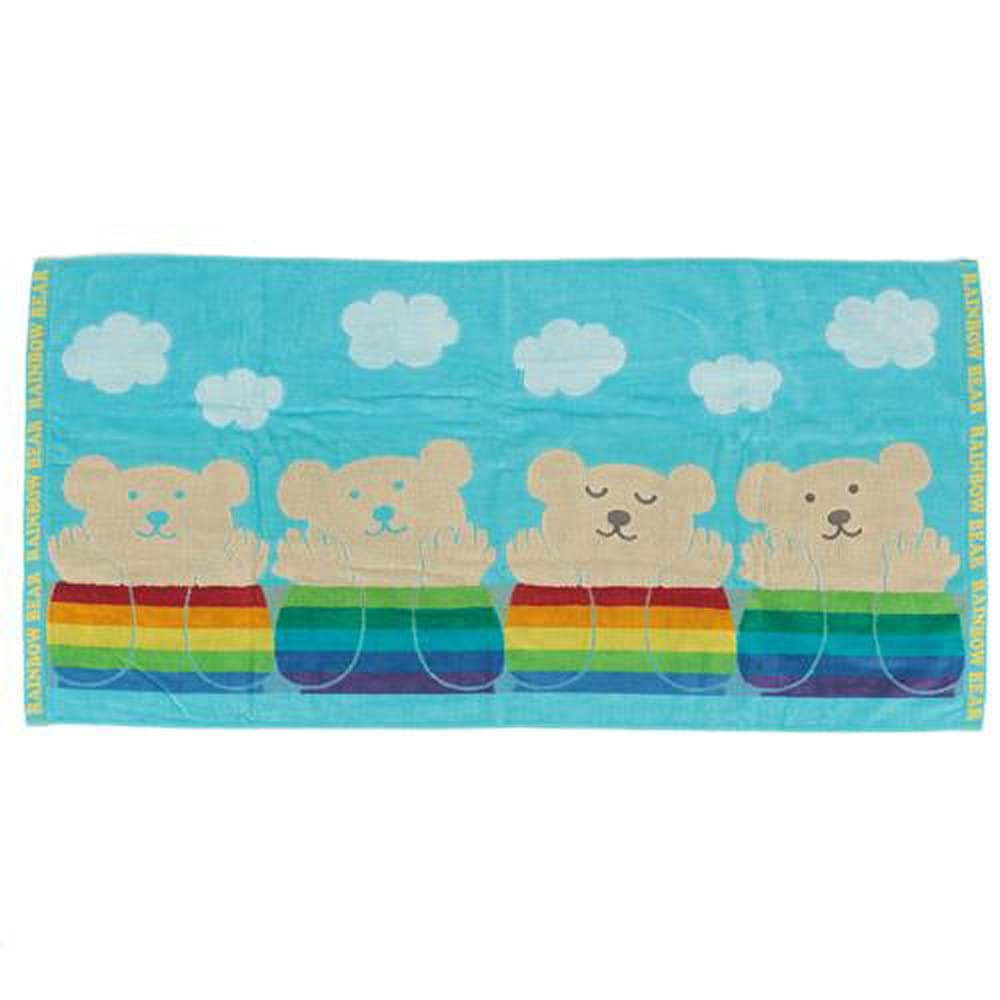原産国　日本製素　材　綿100%サイズ　約60×120cm ロングセラー人気No．1のデイズシリーズ。レインボーベアの顔と手足の部分は、無撚糸を使っています。 無撚糸は撚りをかけていないので、普通の綿よりふんわりとしています。