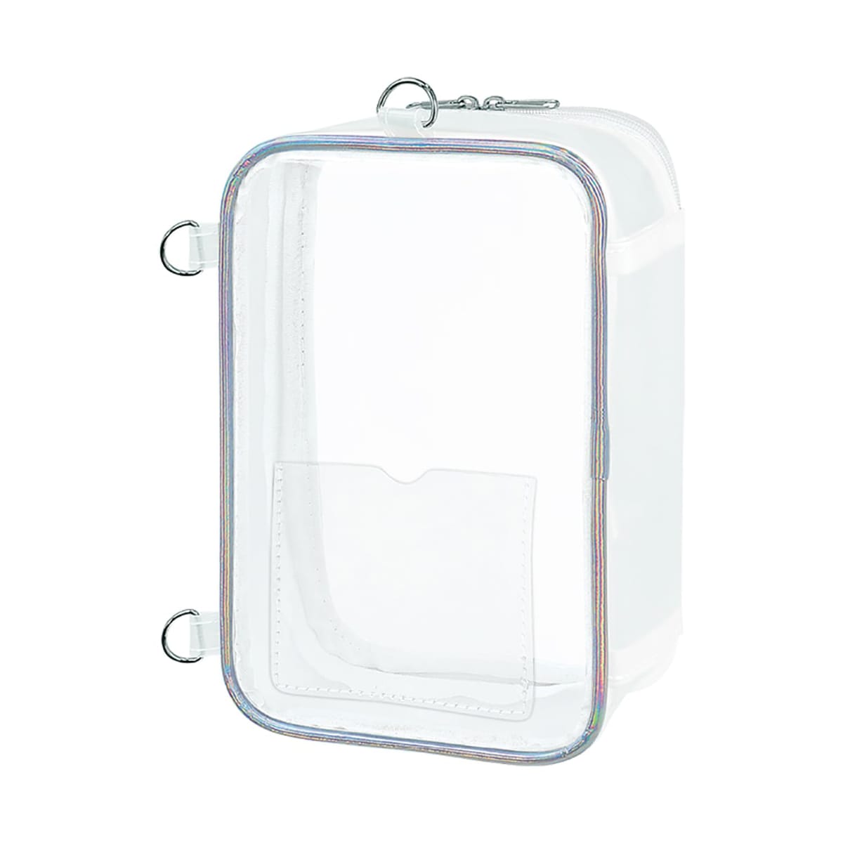 【本体サイズ】W200×H130×D50mm【素材】PVC、ナシ地PVC推しのぬいぐるみを持ち運びできるオーロラPVCの持ち手付きポーチです。縦横どちらにも対応しており、チェキやトレカが入る便利な内ポケットが付いています。20cmドール対応です。