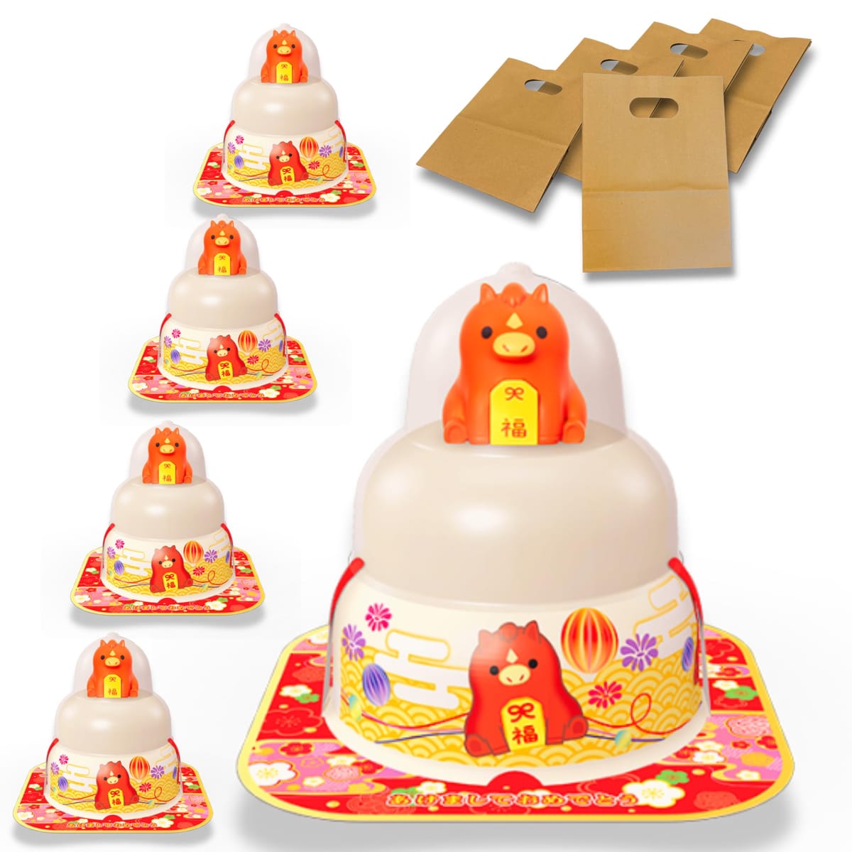 セット内容： ・鏡餅 小飾り ×5個 ・クラフトバッグ ×5枚デザイン：2026 干支マスコット付き 丑用途：正月飾り／年始のご挨拶／お配り用個数：5個セット包装：クラフトバッグは同梱（個別包装は購入者様にて）※ 食品（福餅）が含まれるため...