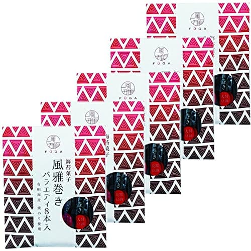 風雅巻きの人気の4種類8本をデザイン紙袋に詰めました。ちょっとしたプレゼントや、粗品におすすめします。 1袋の商品サイズ／21.0cm×17.5cm×2.0cm 内容／5袋入 【1袋の内容】 風雅巻き　醤油大豆　2本 風雅巻き　わさび大豆　...