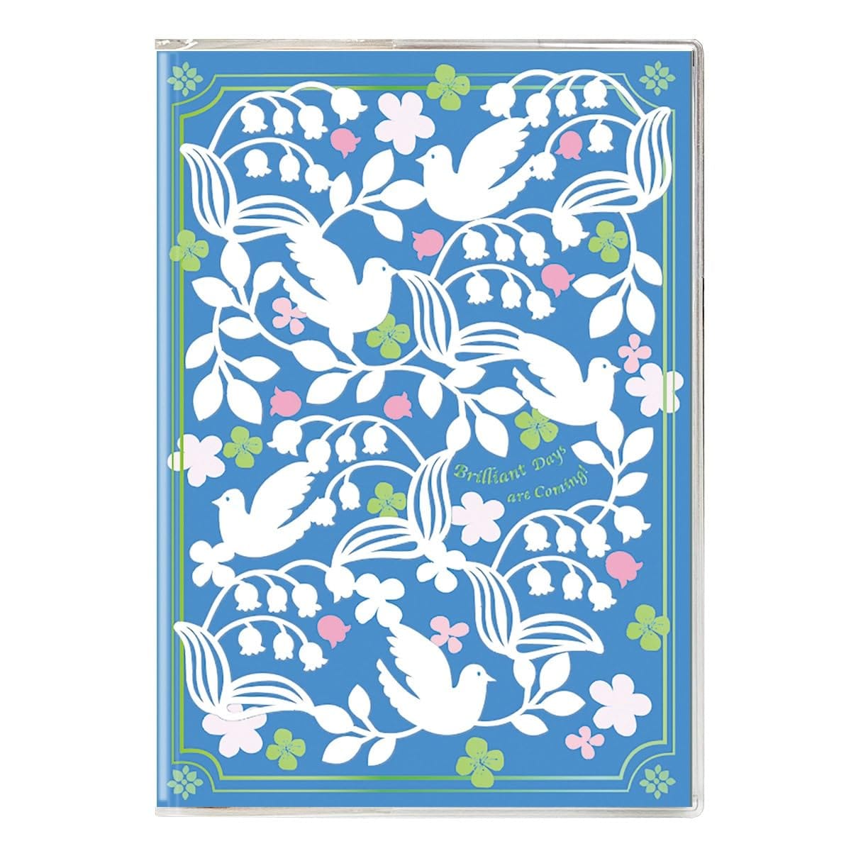 切り絵の加工が施された手帳です。マンスリータイプA6変形サイズ　48ページ掲載月:2025年10月～2026年12月切り絵加工・グリーン箔加工あり/