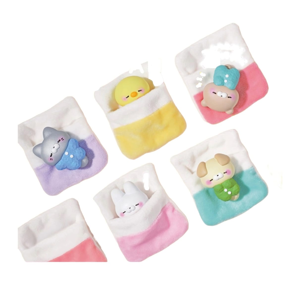 内容 1. ひよこさん 2. かわうそさん？ 3. たれいぬさん 4. ねこさん 5. うさぎさん 全5種コンプリートセット（全5種×各1個ずつ）おふとんから取り出せるよ！