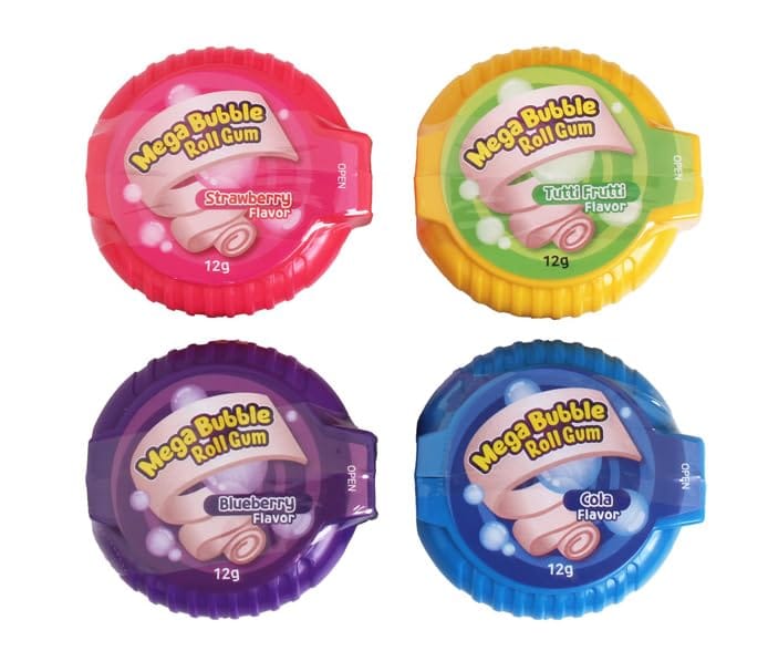 Mega Bubble Roll Gum 12g メガ バブル ロール ガム 4個セット (いちご コーラ ブルーベリー ツーティフルーティーの香り バルーンガム) Mega Bubble Roll Gum 12g メガ バブル ロール ガ...