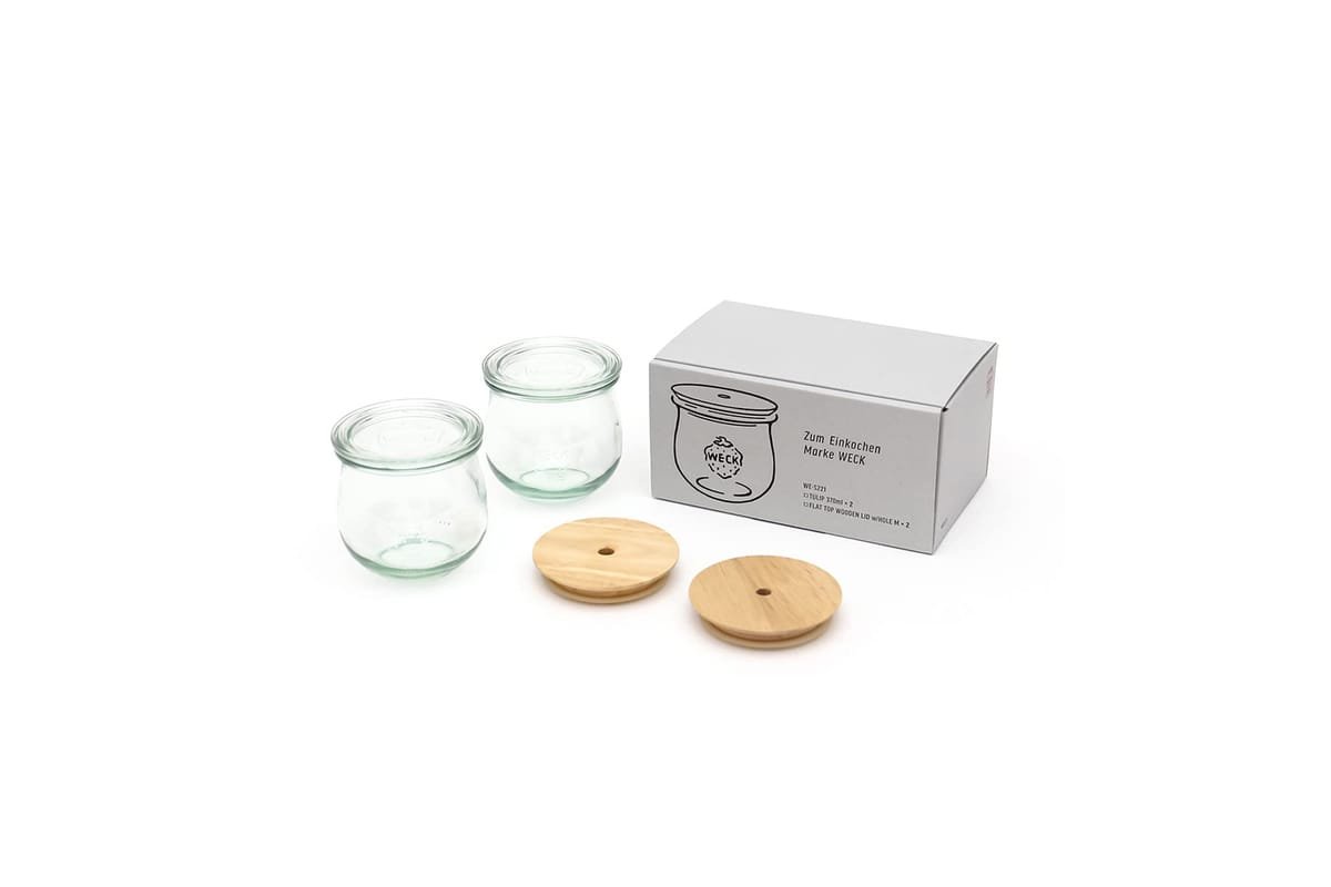 WECK（ウェック）100年愛されるドイツ生まれの保存食器約：W190×D122×H98mm 850gTULIP 370ml×2 FLAT TOP WOODEN LID w/HOLE M×2本体/ソーダ石灰ガラス フタ/ラバーウッド本体/ド...