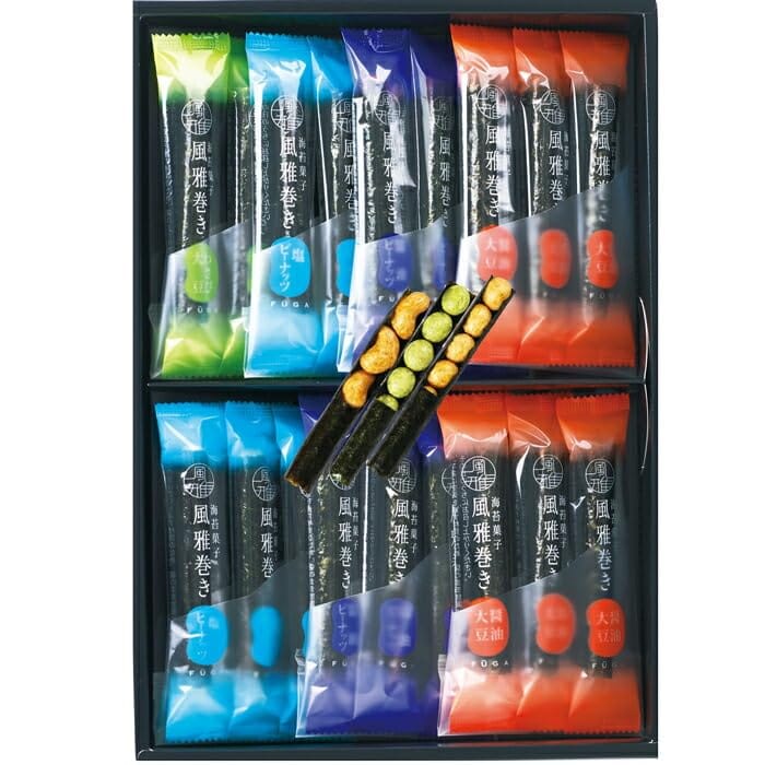 有明海産の若摘みのりと、厳選した豆を使用した海苔菓子です。九州・有明海産の海の恵みにより育まれた磯の香り豊かな海苔は、口の中でとろける上品さ。吟味した豆やあられを一本を一本心を込めて手巻きしました。お茶受け、おつまみに海苔と豆が織り成す絶妙...