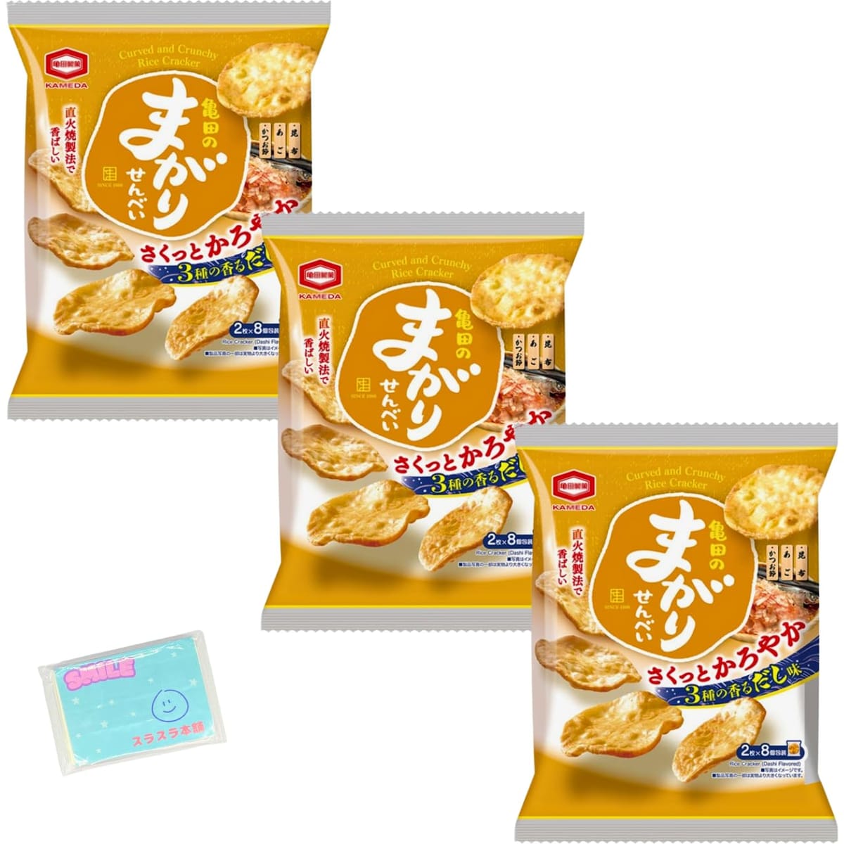 亀田製菓 亀田のまがりせんべい 3種の香るだし味 16枚(2枚×8個包装) ×3袋セットです。直火焼き製法で実現したさくっとかろやかな食感とともに、3種のだしの香りがお楽しみいただけます。 亀田製菓 亀田のまがりせんべい 3種の香るだし味 ...