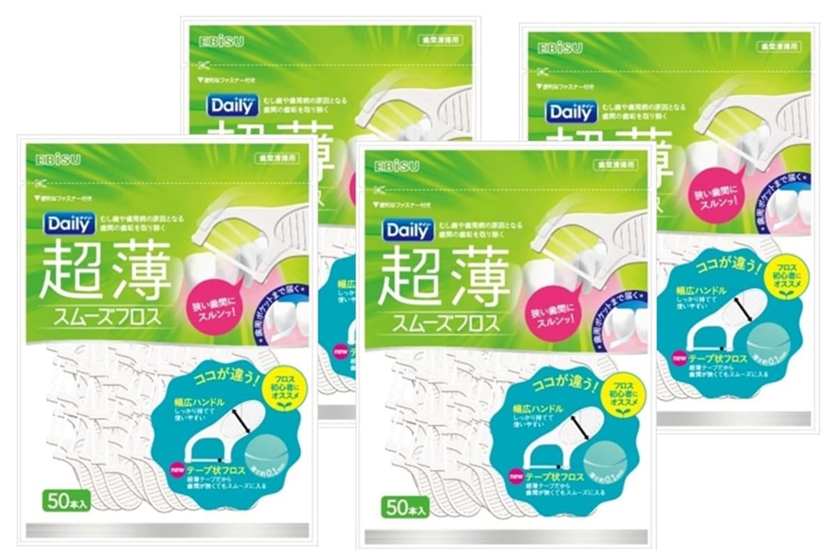 幅広ハンドルでしっかり持てて使いやすい。薄さ約0.1mm！狭い歯間にスルンッと入る！フロス部分に薄くて切れにくいPTFE素材を採用！極薄テープだから歯間が狭くてもスムーズに入る！ 超薄スムーズフロスは、歯間をしっかりとクリーニングし、口内の...