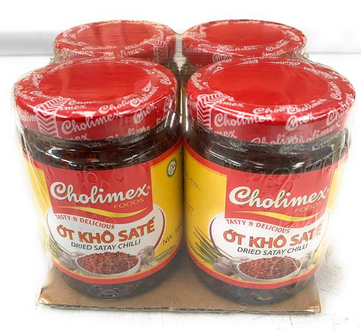 ベトナムのCholimexブランドのドライサテチリ。お得な4瓶まとめ買いベトナム人研修生、留学生への贈り物にもおすすめ！※こちらの商品はサテトムではありません。 名称：辛味調味料(サテーチリ) 原材料：大豆油、乾燥唐辛子、にんにく、レモング...