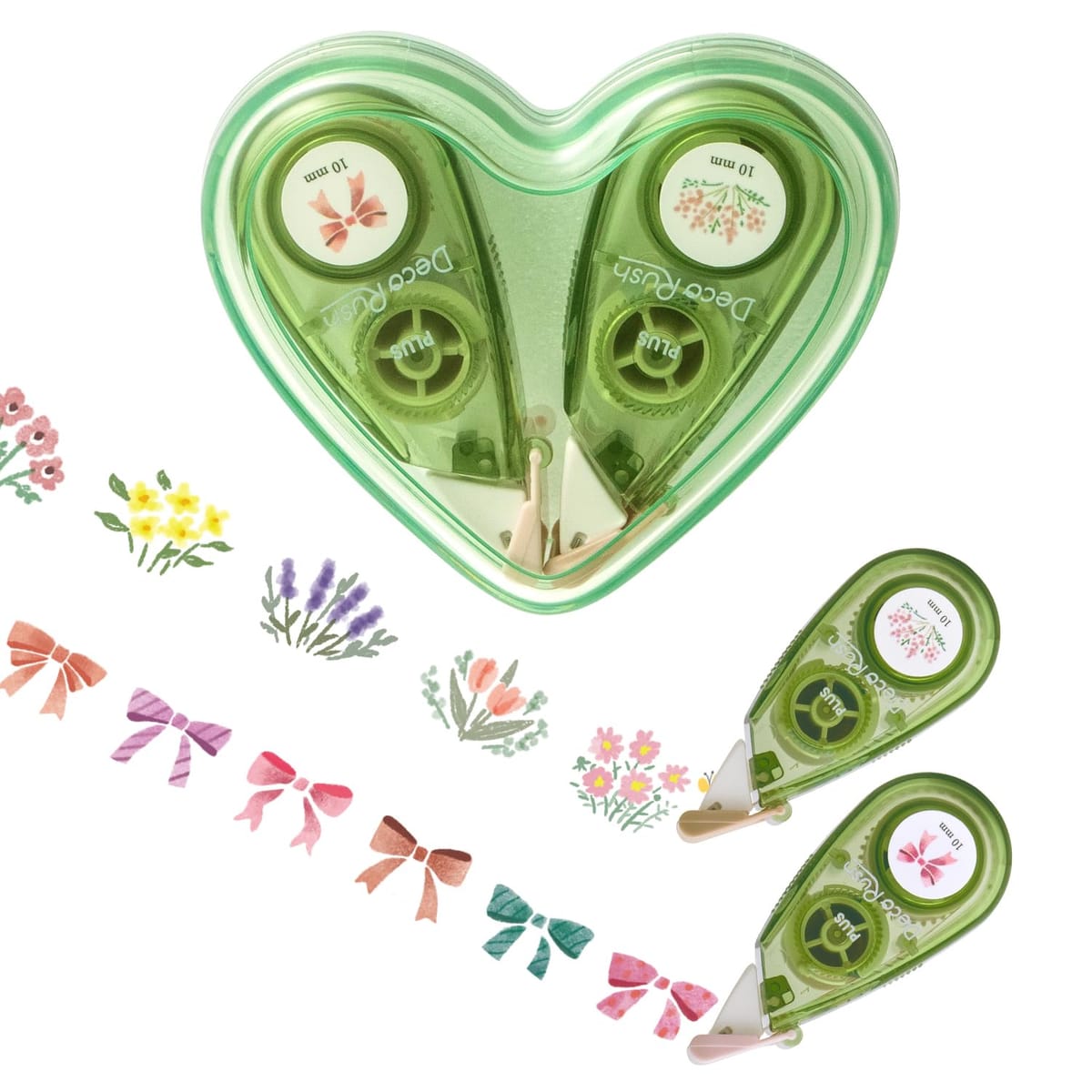 デコラッシュがぴったり2個入ったハートケースセット​人気モチーフの組み合わせで簡単にアレンジが決まる！★使い切りタイプ　【テープ幅】10mm　【テープ長さ】3m【製品外形寸法】デコラッシュ= W58×D18×H26mm、ハートケース=W73...