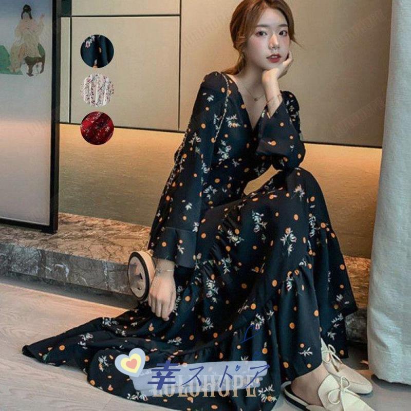 ティアードワンピース レディース 春 秋 夏 花柄 カシュクールワンピ Vネック フレアワンピース 長袖 ロングワンピ Aライン ハイウエスト きれいめ おしゃれ 韓国ファッション 新作【カラー】ホワイト、レッド、ブラック【サイズ】M、L、...
