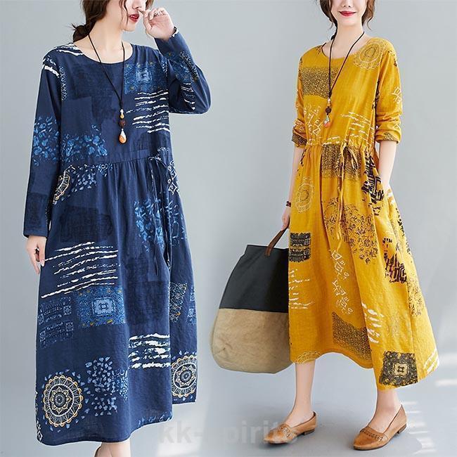 ワンピース エスニック柄 長袖 レディース ロングワンピ ゆったり 長袖ワンピース 柄ワンピ 高級感 クルーネック レトロ ミモレワンピースレディース用の長袖ロングワンピエスニック風のプリント柄で上品なレトロ感を醸し出す肌に優しい薄手素材に...