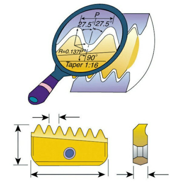 ■ミルスレッドツールホルダに取り付けて使用します。【用途】・ミルスレッド用交換チップ。【仕様】・山数： 18.0・幅（mm）： 12・高さ（mm）： 6.3・厚さ（mm）： 2.9・表面処理： 窒化アルミチタニウム（TiAlN）多層コーティ...