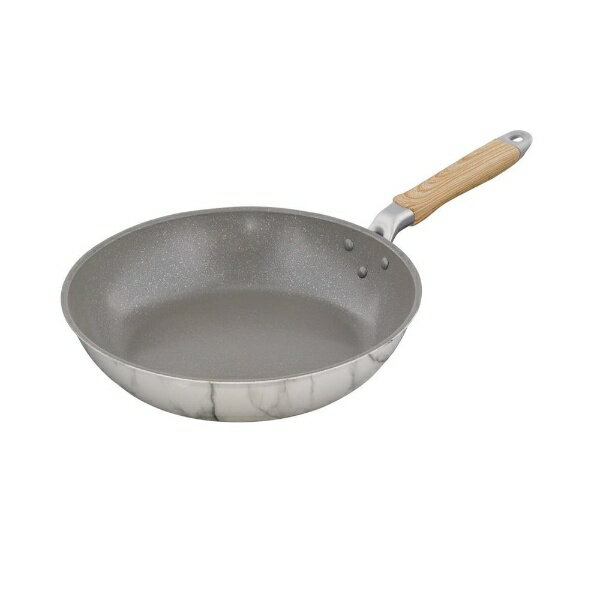 上品な大理石模様が美しいMARBLE KITCHENフライパン。耐久性に優れたシルバーマーブル加工で、100万回の耐摩耗性試験をクリアしています。握りやすい木目調ハンドルはシリコーン塗装仕上げです。