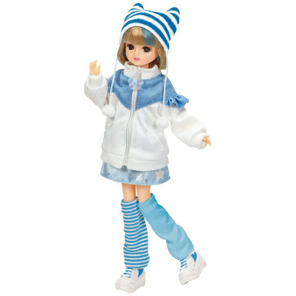 水色のサブカルファッションがかわいいリカちゃんです。水色のジャージトップスと星柄スカートで原宿に遊びに行くようなおしゃれスタイルです。前髪の水色メッシュにねこみみ帽子がポイント♪レッグカバーとクツが付いています。(C)TOMY【rb_remp】