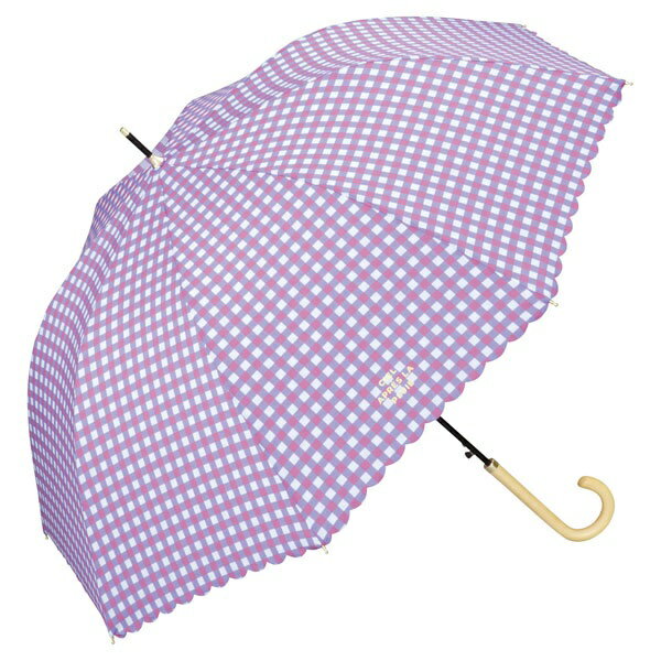 ポップなカラーのギンガムチェックに、ワンポイントのロゴを配置し、レトロかわいい雰囲気に仕上げました。グログランテープ素材の留め具は配色にもこだわり、全体的に雑貨ライクなデザインに。丸く波打つ傘のふちがキュートな印象を与えつつ、甘くなりすぎな...