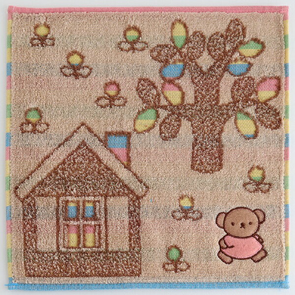 冒険心いっぱいで少しおっちょこちょいなくまのボリス。そんなボリスのおうちをデザインしたミニタオルです。色の展開ごとにボリスの服の色が変わります。パイルジャカードタイプのタオルです。