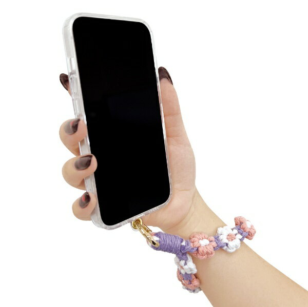 スマホケースにはさむだけ！カンタンかわいい落下防止ハンドストラップ■スマホケースに挟むだけで使用可能な落下防止ハンドストラップ■手編みの花デザインがかわいい♪■ハンドストラップ部分は鍵やポーチなどに付けてキーホルダーとしても使用可能
