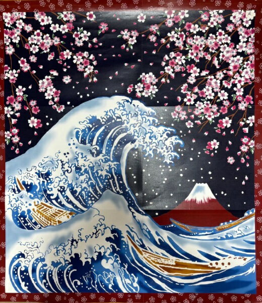 富士、櫻、波をモチーフにした大判ハンカチです。インバウンド向けに最適です。