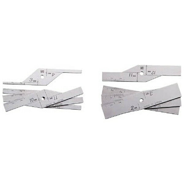 ■ルート間隔・突合せ継手ルート間隔測定用限界ゲージです。■ゲージリーフ4枚セットです。■ルート面、板厚測定が便利なスケール目盛を表示しています。【用途】・ルート間隔・突合せ継手ルート間隔測定用に。・T継手の開先角度（内側）測定、突合せ継手の...