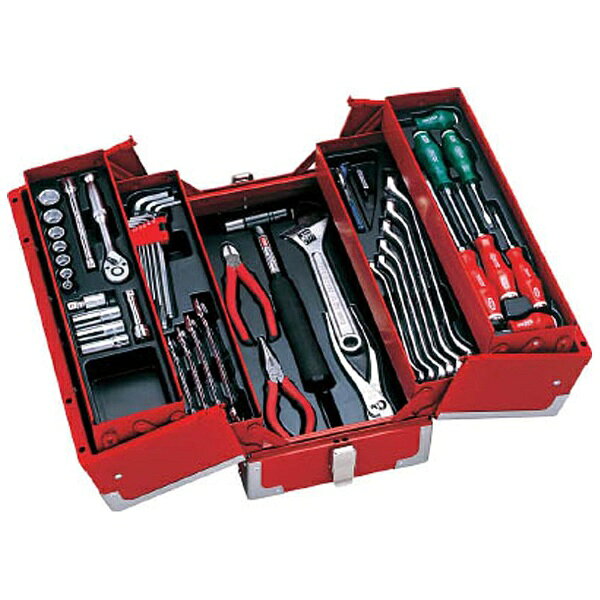■自動車整備向けに、欠かせない工具を厳選した工具セットです。■天面フラットV形3段式メタルケース、全段プラスチックトレー付きです。【仕様】・ケース色： レッド・ケース寸法（mm）間口： 433・ケース寸法（mm）奥行： 220・ケース寸法（...