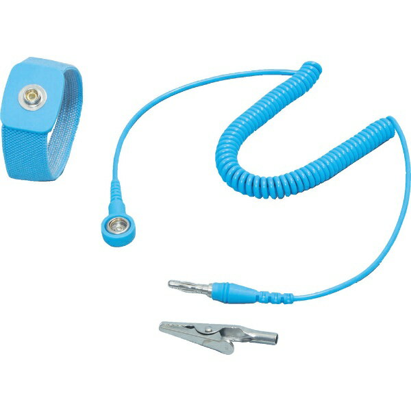 ■導電繊維入りで長さ調節が可能なゴムバンド式です。【用途】・半導体工場・研究所での静電気除去。・材質： ポリエステル、ステンレス【仕様】・コード有効長（m）： 1.8・コイル部長さ（cm）： 16・グランドコード長さ（m）： 1.8・コード...