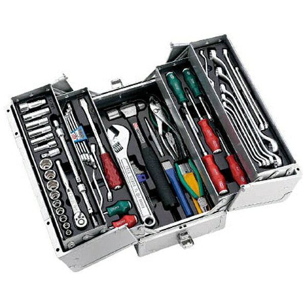 ■自動車整備向けに、欠かせない工具を厳選した工具セットです。【用途】・オートメカニック用。・主に自動車の組み立て・整備に。他にもあらゆる分野で活躍しています。・自動車整備用。【仕様】・ケース色： シルバー・ケース寸法（mm）間口： 433・...