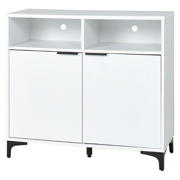 木目調の本体とアイアンの脚部のコンビがおしゃれなキャビネット（幅90cm）。すぐに取りたいものを置けるオープン部と生活感をスッキリ隠せる扉収納が魅力的。■オープン収納すぐに手に取りたいものの収納に便利です。コード穴付きなので充電ステーション...