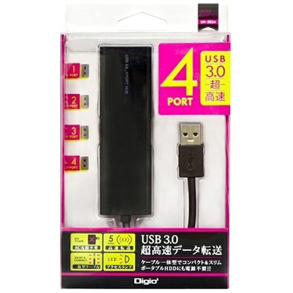 〔Windows8.1対応　バスパワー：Win／Mac〕スリムボディ＆USB3.0超高速データ転送に対応。持ち運び便利なケーブル一体型USB3.0ハブ。（4ポート・ブラック）■ 4ポートUSB3.0ハブ。■ AC電源不要のバスパワータイプ。...