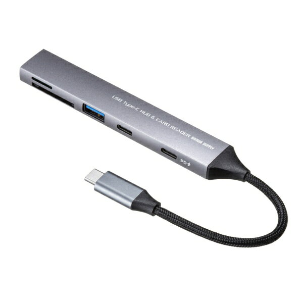 USB Type-CコネクタにUSB A、Type-C合わせて機器を3台接続する超スリムPD対応USBハブ。SD/microSDカードリーダー付き。断線に強いメッシュケーブル。（USB A×1、USB Type-C×2）「USB 5Gbps...