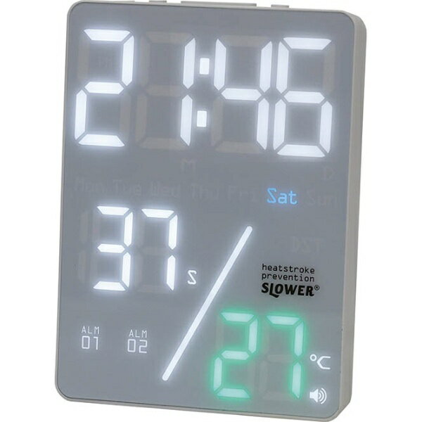 LEDの色と音で高温になりすぎた室温を警告します。電池使用時はボタン操作により表示と自動消灯。室温の変化により温度表示色が変わります。17℃以下は青色。18℃〜27℃は緑色。28℃以上はオレンジ色、32℃以上は赤色。