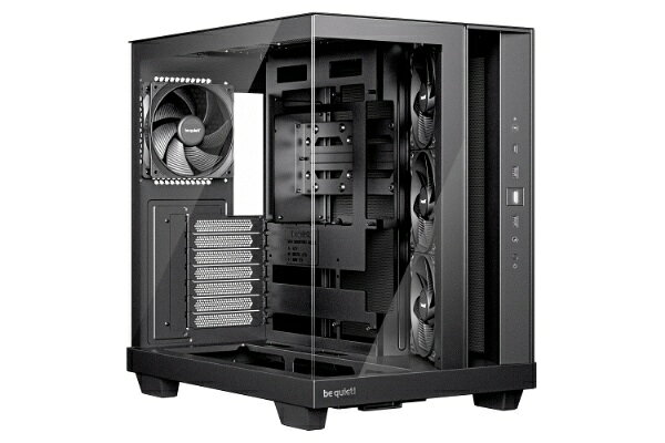 角度付き側面ファンでGPUを効率冷却。Pure Wings 3ファン4基搭載、360mmラジエーター対応のRGB非搭載・高性能PCケース。■側面の角度付きスライドアウト式ファンフレームが、GPUへ直接エアフローを供給■ケース底面と一直線に配...