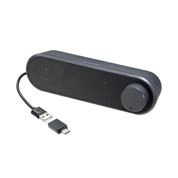 USBケーブル1本で接続可能な最大6W（3W＋3W）ステレオ出力のUSBスピーカー。USB A・Type-C両対応。横置きスリム設計と約2mロングケーブルで省スペース設置を実現する小型軽量モデル。「スリムUSBスピーカー（横置きタイプ）」■...