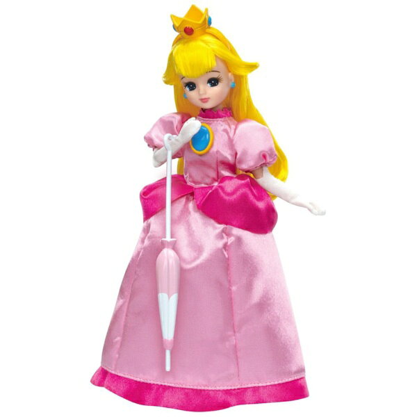 「スーパーマリオ」のピーチ姫のコスチュームを着たリカちゃんが登場！黄金色のロングヘアに、ピンクのドレスと手袋を合わせたピーチ姫コーデのリカちゃんです。冠カチューシャやドレスのブローチ、閉じた傘が付属し、どれもピーチ姫とお揃いのデザインです。...