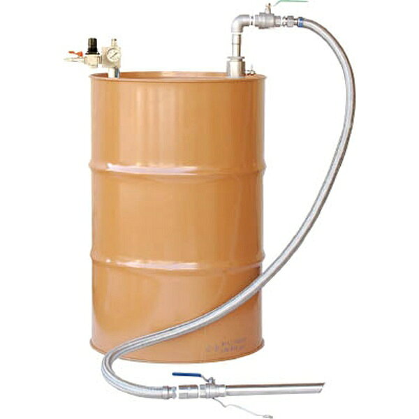 ■ドラム缶内に減圧したエアを挿入し、押し出す仕組みのエア式ドラム缶密閉型の吐出専用ポンプです。■ドラム缶の大口G2に吐出部（ホースが付いている側）、小口G3/4に加圧部（レギュレーターが付いている側）を取り付けます。■高粘度の液体を多く吐出...