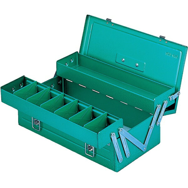 ■プロが使うツールボックスです。■スチール製で熱にも強く大変丈夫です。■中皿パーツは移動防止（仕切板ロック機能付）になっています。■工具から小物類まで収納可能です。【仕様】・色： グリーン・外形寸法（mm）間口： 410・外形寸法（mm）奥...