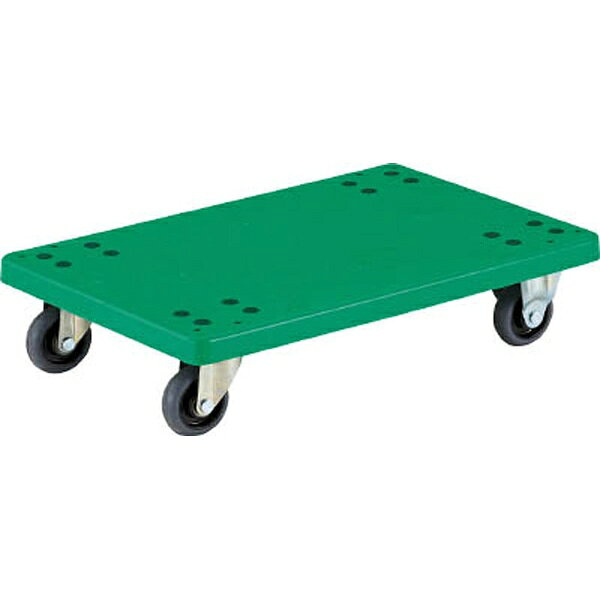 ■堅牢なリブ構造で耐久性に優れた樹脂台車です。■再生ポリプロピレン樹脂を使用し環境に配慮した台車です。■天板寸法より大きい商品が運べます。■平台車【仕様】・均等荷重（kg）： 200・色： グリーン・長さ（mm）： 718・幅（mm）： 4...