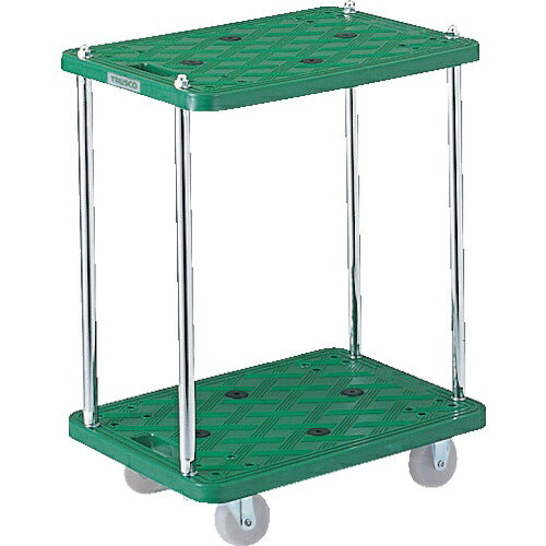 ■荷台は堅牢なリブ構造です。【用途】・事務所内の資料の移動時に。【仕様】・均等荷重（kg）： 100・色： グリーン・長さ（mm）： 500・幅（mm）： 370・高さ（mm）： 112・キャスター径（mm）： 75・全高（mm）： 627...