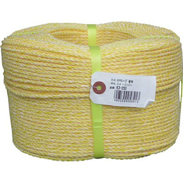 ■強力なポリエチレンの特性を生かし作業性をアップさせるためにエステル糸を混ぜ、軽量・強力・作業性が良いロープです。【用途】・一般作業などの各種結束など。【仕様】・色： 黄・線径（mm）： 3・長さ（m）： 200・包装形態： バンド掛巻【材...
