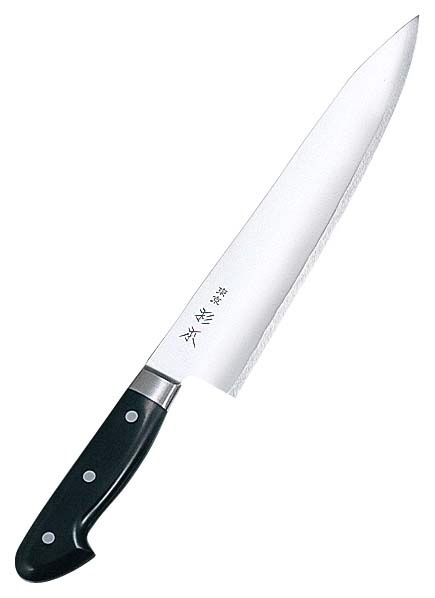 両刃■C・M製品は、従来の炭素鋼の製品に、クローム、モリブデンを含有した製品で、錆にくく、切れ味も炭素鋼の製品に近い切れ味を示します。プロ用のステンレス製品として杉本が自信をもってお薦めする庖丁です。