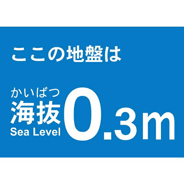 ■屋内外使用可能です。【仕様】・表示内容： ここの地盤は海抜0.3m・取付仕様： 粘着シール・縦（mm）： 120・横（mm）： 170【材質／仕上】・塩化ビニール（PVC）【注意】・貼り付ける面のゴミ・油等を拭きとってください。