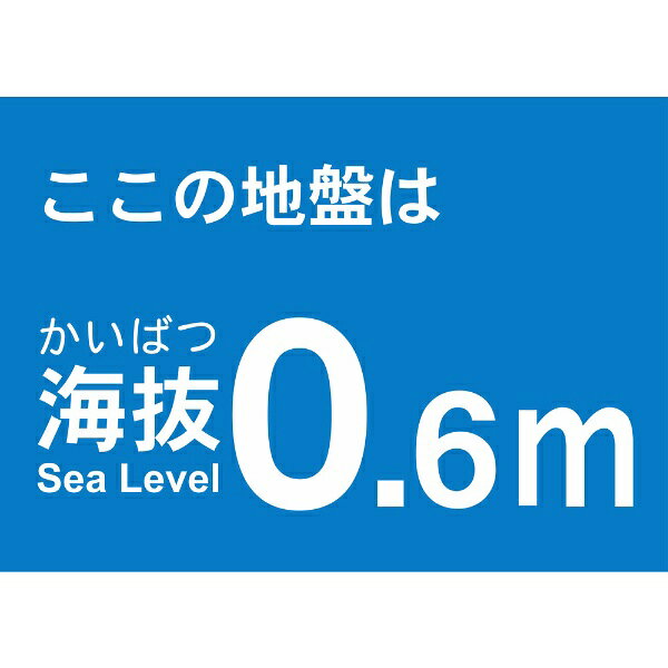 ■屋内外使用可能です。【仕様】・表示内容： ここの地盤は海抜0.6m・取付仕様： 粘着シール・縦（mm）： 120・横（mm）： 170【材質／仕上】・塩化ビニール（PVC）【注意】・貼り付ける面のゴミ・油等を拭きとってください。