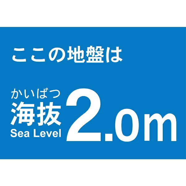 ■屋内外使用可能です。【仕様】・表示内容： ここの地盤は海抜2.0m・取付仕様： 粘着シール・縦（mm）： 120・横（mm）： 170【材質／仕上】・塩化ビニール（PVC）【注意】・貼り付ける面のゴミ・油等を拭きとってください。