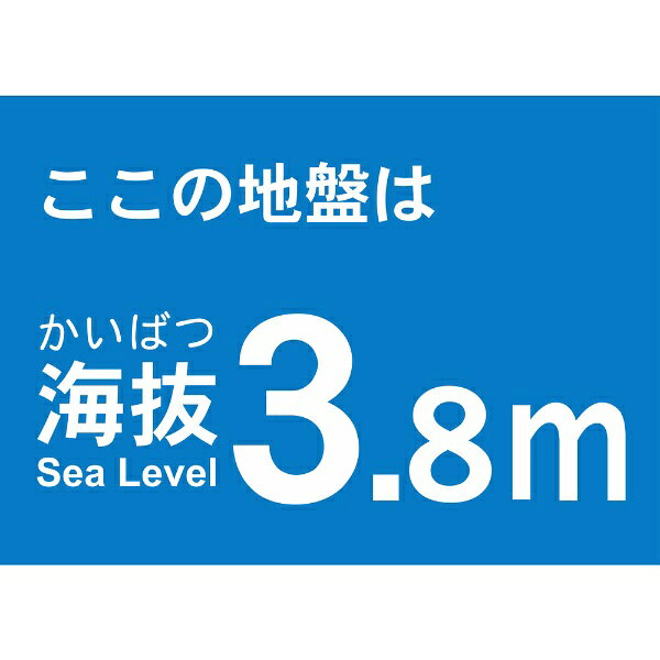 ■屋内外使用可能です。【仕様】・表示内容： ここの地盤は海抜3.8m・取付仕様： 粘着シール・縦（mm）： 120・横（mm）： 170【材質／仕上】・塩化ビニール（PVC）【注意】・貼り付ける面のゴミ・油等を拭きとってください。
