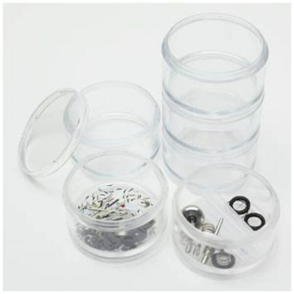 小さなパーツなどの保管に便利なネジ式の連結丸型ケース。本体6個とふた1枚のセットです。●サイズ：内寸43φ×22mm(1段）、 外寸50φ×152mm(6段）