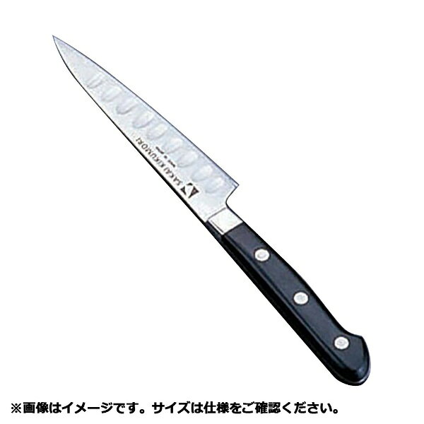 刃面に楕円状のくぼみが付けられた、堺 菊守 サーモン型包丁シリーズ「ペティーナイフ」■包丁の仕様・形状：ペティーナイフ型・刃型：両刃・刃渡りサイズ：12cm■ディンプル（くぼみ）仕様　食材と包丁との間に空気層を取り込むため、食材が引っ付きに...