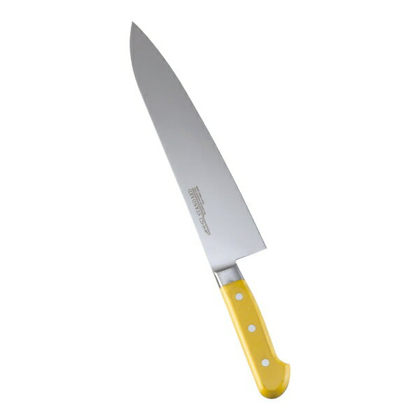 6色のハンドルカラーで衛生管理、堺實光 スタンダード抗菌プラスチック柄シリーズ「牛刀（ツバ付き）」■包丁の仕様・形状：牛刀（洋刃）型・刃型：両刃・刃渡りサイズ：27cm・ハンドルカラー：黄■6色のハンドルカラー　黒・青・緑・黄・赤・白があり...