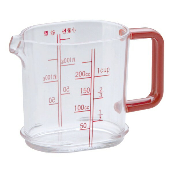 スタッキング可能な200ccのメジャーカップです。最小目盛は50ccで、砂糖や小麦粉、お米、水などの計量に便利です。ポリカーボネイト樹脂製で、耐熱温度は140℃。電子レンジや洗浄機にも対応しています。