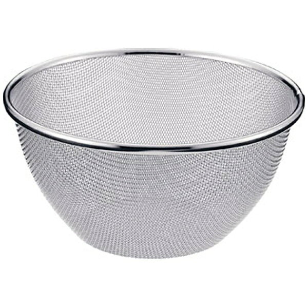 新越ワークスのステンレス製ざる。深型で食材がこぼれにくいのが特徴です。直径25cm、高さ12cm、12メッシュの細かい網目が食材をしっかりキャッチします。丈夫な18-8ステンレスを使用。