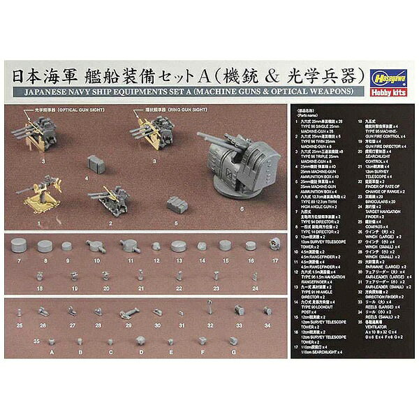 プラ部品：25mm機銃3種（単装・連装・三連装）、機銃弾薬箱、12.7cm連装高角砲、測距儀、方位盤、観測鏡、双眼鏡、110cm探照燈、パラベーン、通風筒、フェアリーダー、ウインチ、リール、方向探知機など。エッチング部品：機銃照準器・単装機...