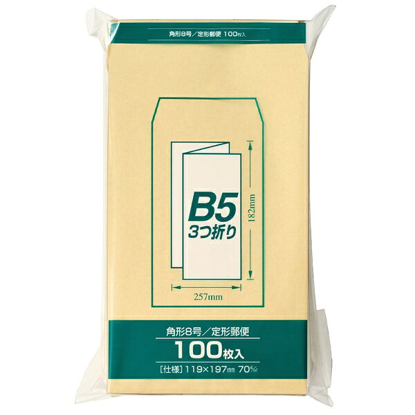 B5サイズ横3つ折りに最適なクラフト封筒です。ビジネスにもパーソナルにもご利用いただける安心のスタンダードタイプ。郵便枠印刷なし。サイズ： 119×197mm（角形8号）。定形郵便。坪量： 70g／m2。裏面センター貼り。100枚入。
